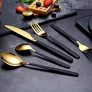 20 Piece Silverware Flatware Cutlery Set,Stainless Steel Utensils Service set for 4,Mirror Finish,Dishwasher Safe (Shining Golden Spoon and Matt Black Handle)