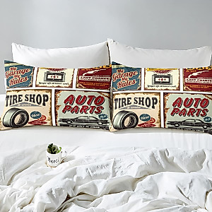 Erosebridal Vintage Car Signs Comforter Cover for Boys, Automobile Pattern Duvet Cover, Repair Vehicle Garage Bedding Set Queen Size for Kids Girls Teens, Classics Servicing Quilt Cover Bedroom Decor