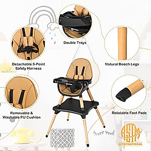BABY JOY 5 in 1 High Chair, Convertible High Chairs for Babies and Toddlers/Booster Seat/Table and Chair Set, Infant Wooden Highchair w/ 5-Point Harness, 4-Position Removable Tray & PU Cushion, Coffee