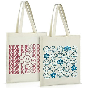 2 Pcs Aesthetic Canvas Tote Bags Women Cute Beach Bags Reusable Grocery Shopping Bags Inspirational Gifts for Beach Picnic (Lovely Style)