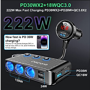 Car Cigarette Lighter Adapter, Dual USB C PD30W 3-sockets car Cigarette Splitter & QC 3.0 Fast car Charger for 12V/24V Vehicles, 222W LED Indicator & Independent Switches for GPS/Dash Cam/Phone