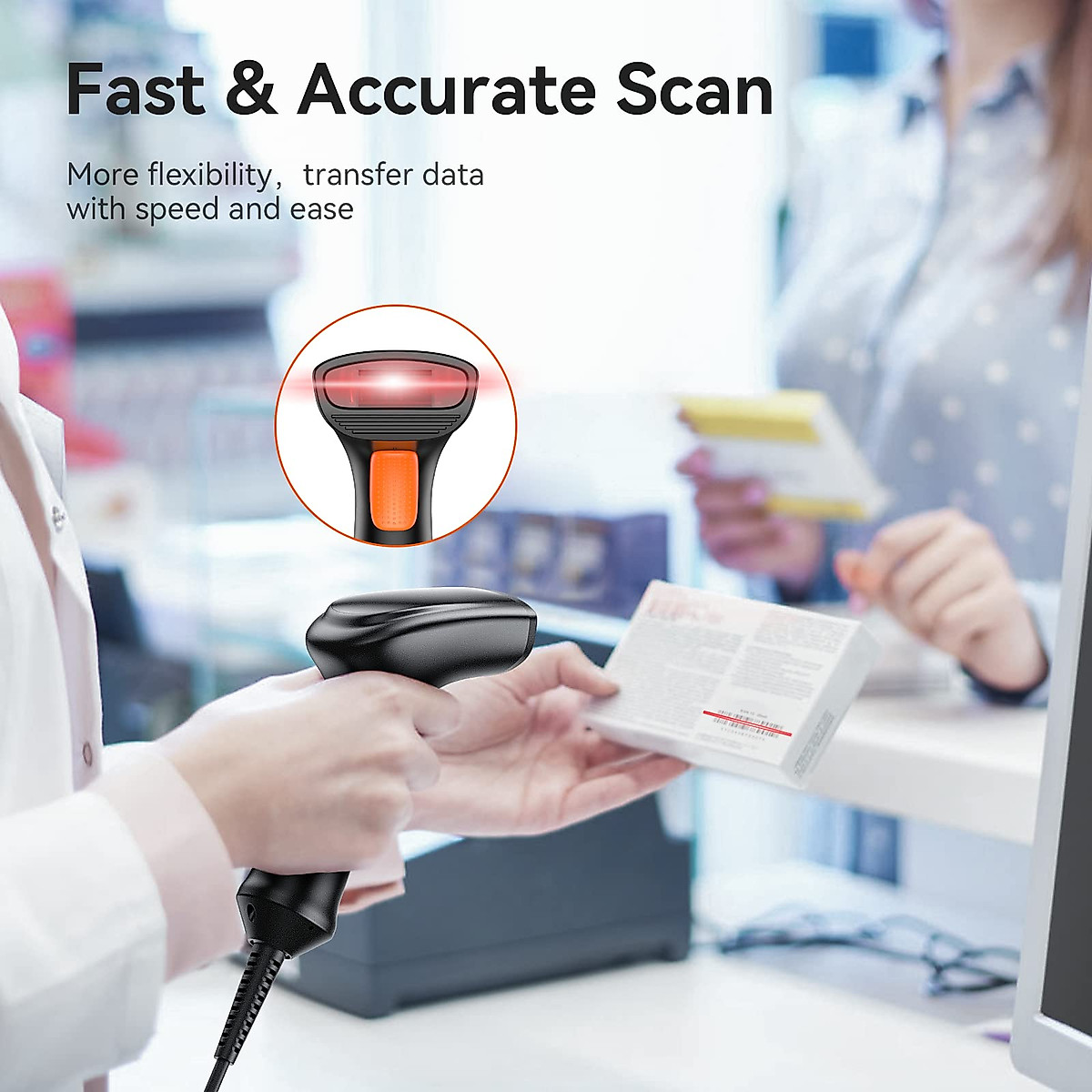 Kedida Barcode Scanner, Handheld Inventory 1D Bar Code Scanners for Computer, Automatic Label UPC EAN Reader with 6ft/2m Long USB Cable Used for Supermarket Warehouse Library and More