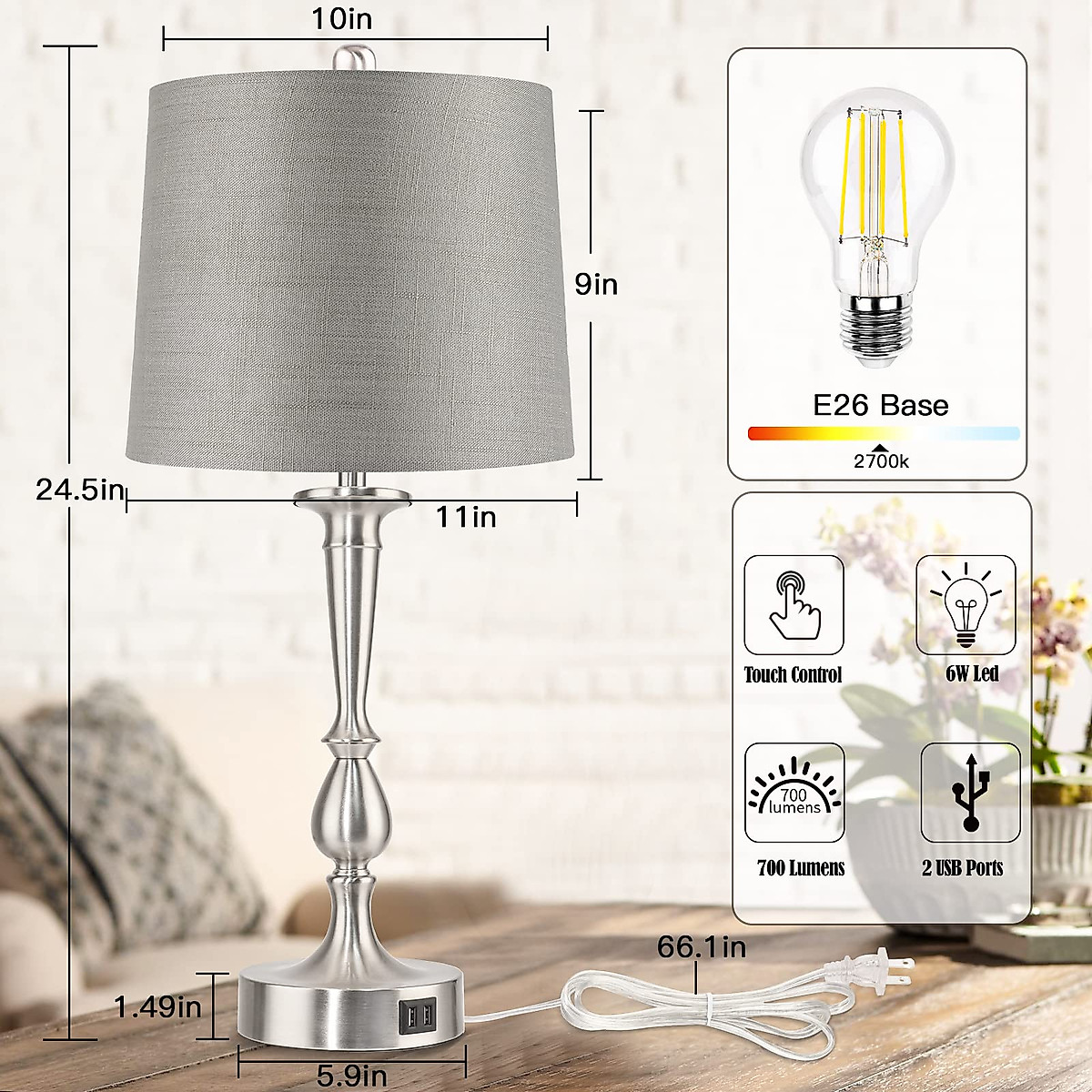 PARTPHONER Set of 2 Touch Control Table Lamp with Dual USB Charging Ports Desk Lamps, 3-Way Dimmable Modern Nickel Finish Bedside Large Table Lamps for Living Room, Bedroom
