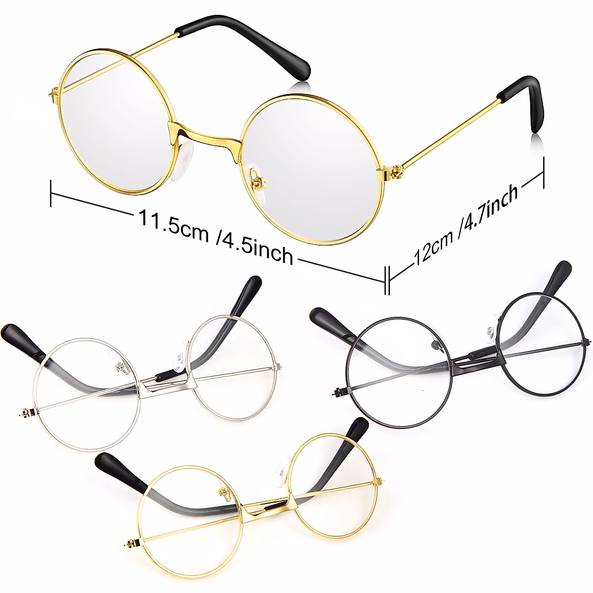 Zjoey 3 Pairs Kid Costume Santa Claus Glasses Metal Wire Rim Clear Lens Eyewear Fabric Doll Dress Up Eyeglasses Dolls Costume Accessories for Old Man Old Lady Costume (4.53 Inch, Fit for Kid Costume)