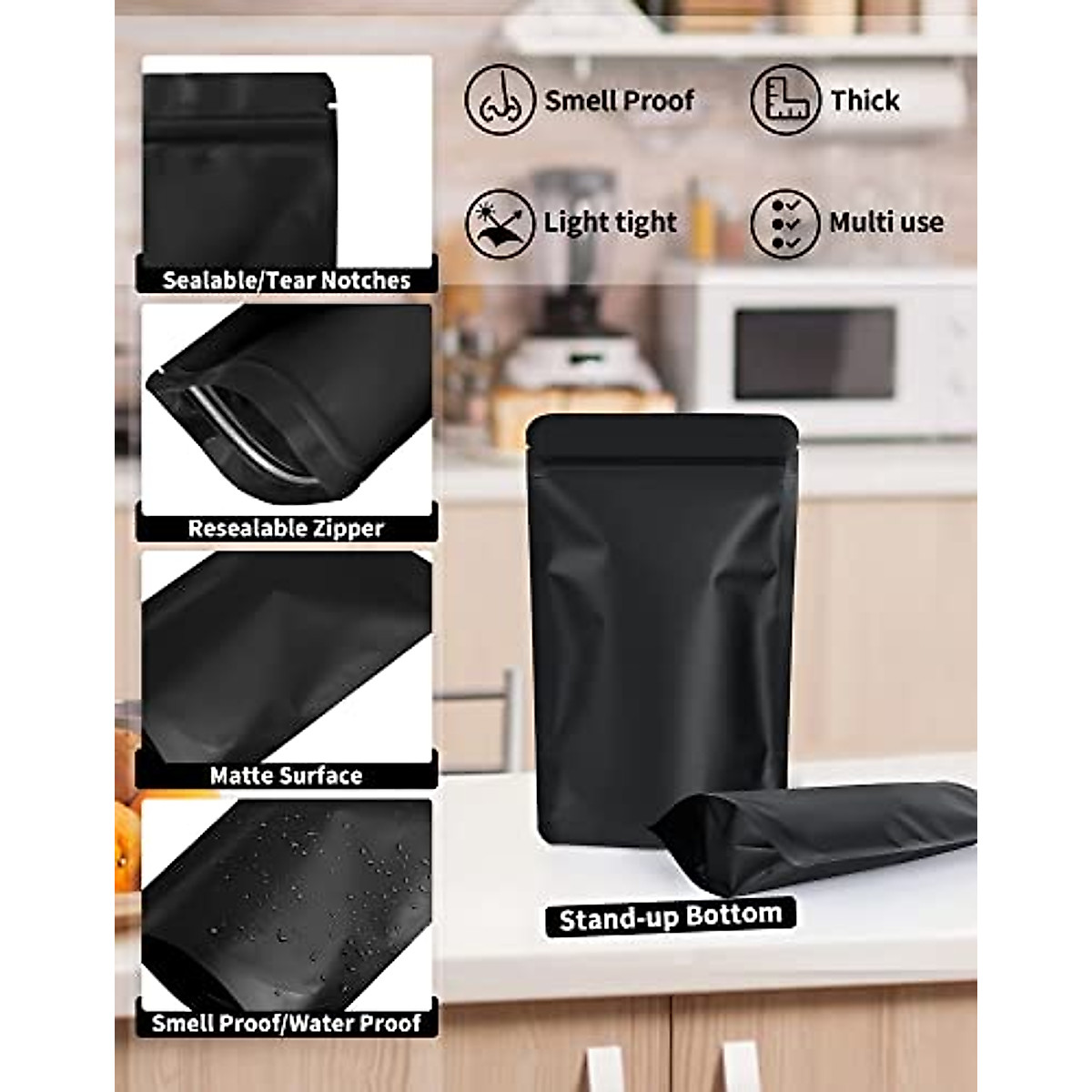 100 Pack Resealable Stand Up Bags,Smell Proof Pouch Sealable Foil Pouch Bags for Packaging (Black, 4.7" x 7.9")