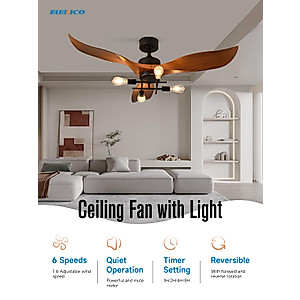 52'' Ceiling Fans with Lights, Upgrade Ceiling Fans with Lights and Remote E27*4 Led Bulbs, 3 Blade Add Wood Modern 52 Inch Bedroom Ceiling Fan with Light for Living Room Bedroom Kitchen Patio