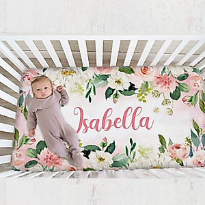 Munific Flower Rose Baby Crib Sheet, Personalized Fitted Crib Bedding Floral Sheet with Name, Custom Pack and Play Sheets, Crib Mattress Sheets for Baby Boys Girls, Mini Crib Sheet | Name Crib Sheets