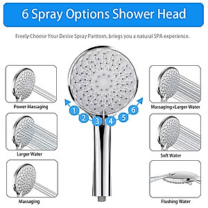 Shower Head, 8'' High Pressure Rainfall Shower Head / Handheld Showerhead Combo with 11'' Extension Arm, CUMIZON 6 Spray Settings Handheld Showerhead with Holder/ Hose, Flow Regulator, Chrome