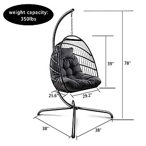 FUZOFUIZ Swing Egg Chair with Stand Indoor Outdoor Wicker Rattan Patio Basket Hanging Chair with C Type Bracket, with Cushion and Pillow,Patio Wicker Folding Hanging Chair (Black)
