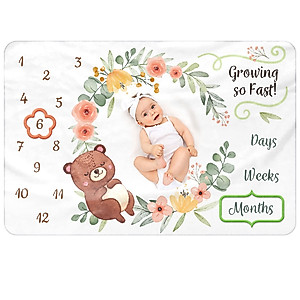 Milestone Blanket with 2 Placement Markers , Gender Neutral,Baby Monthly Milestone Blanket , Baby Growth Chart Blanket (60inx40in)