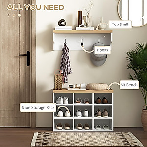 HOMCOM 2-in-1 Coat Rack Shoe Bench Set, 5-Hook Hall Tree with Bench and Shoe Storage for 9 Pairs of Shoes for Entryway, Hallway, White