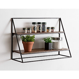 Kate and Laurel Lander Rustic Hanging Wall Shelf, 24" x 8" x 16", Rustic Brown and Black, Two Tiered Farmhouse-Inspired Shelves for Wall