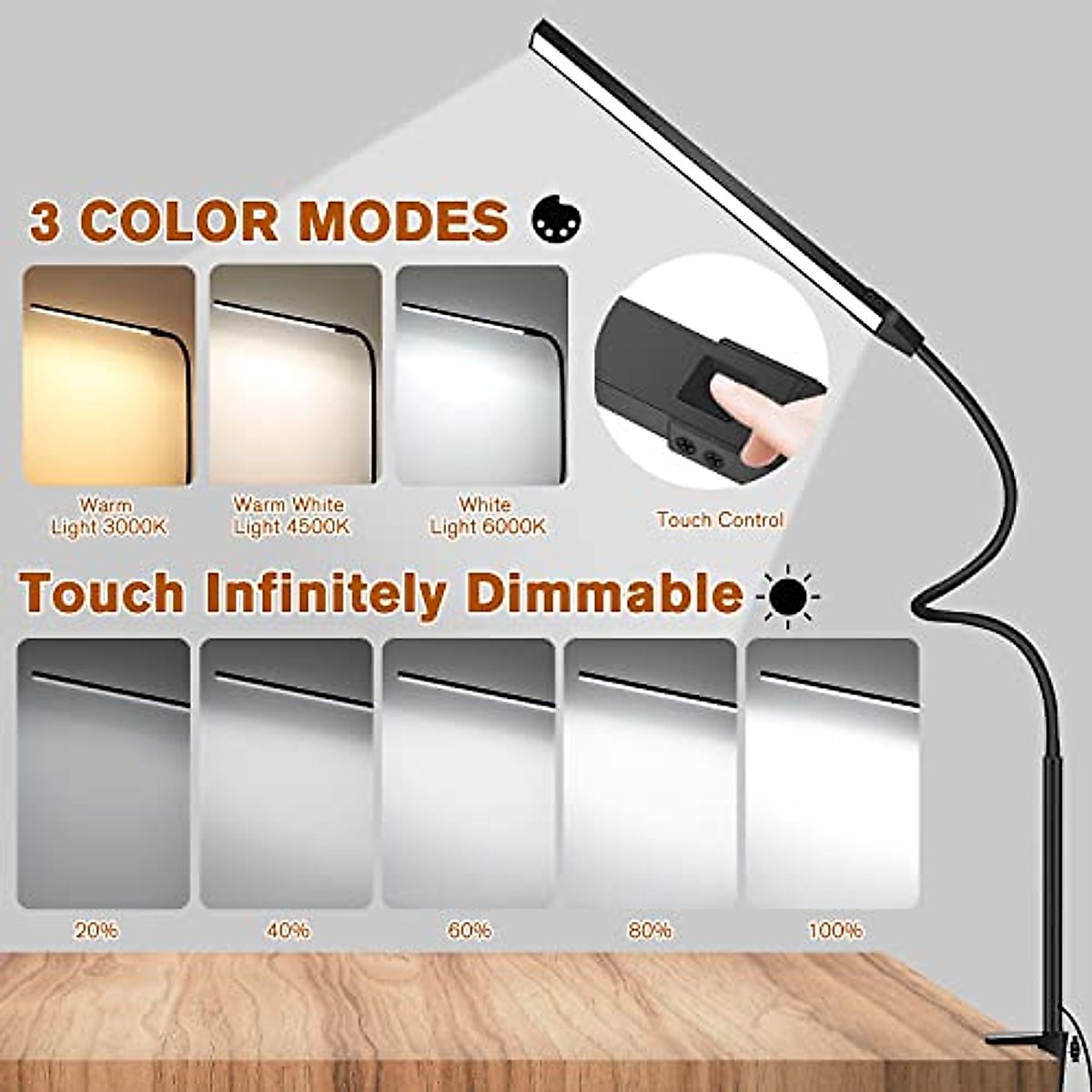 Aedcbaide Desk Lamp for Home Office 108PCS LED Desk Lamp 40CM Head Flexible Gooseneck Desk Light, Eye-Caring Touch Control, 3 Color Modes Stepless Dimmable Brightness Clamp Lamp for Reading Study