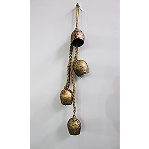 Mango Gifts Rustic Iron 4 Vintage Metal Bells Hanging Windchime with Rope Relaxing Tranquil Wind Chimes 45 cm Length