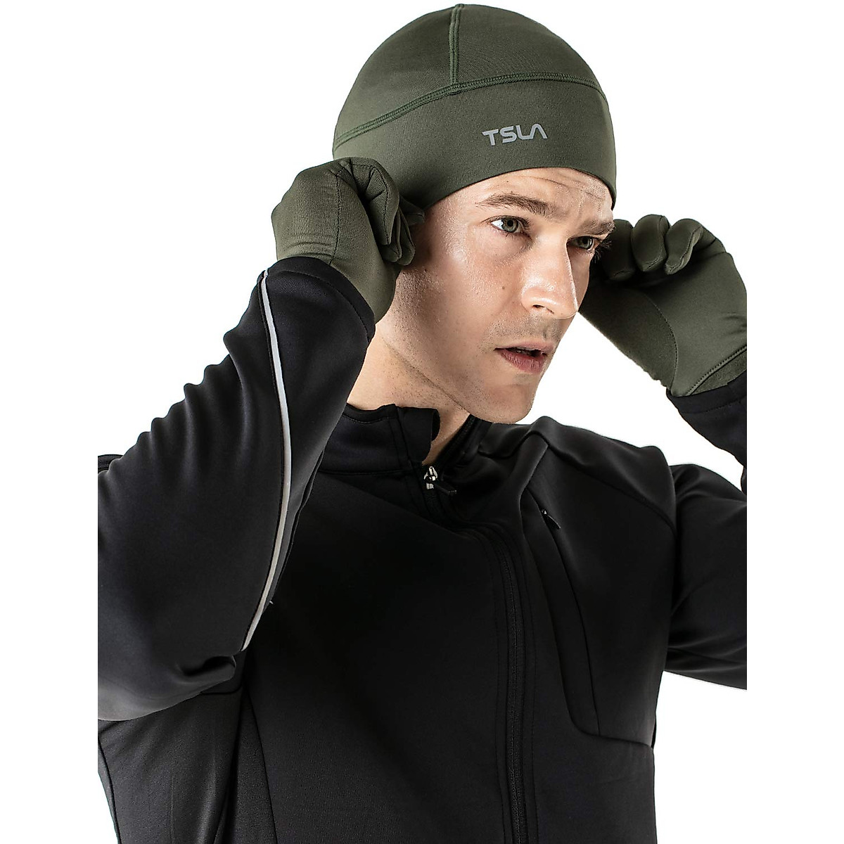 TSLA Men and Women Thermal Fleece Skull Cap, Winter Ski Cycling Under Helmet Liner, Running Beanie Hat, Cap 1piece Dim Army Green, One Size