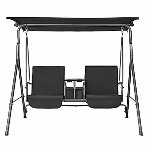 VEVOR 2-Seat Patio Swing Chair, Outdoor Patio Swing with Adjustable Canopy, Porch Swing with Storage Bag and Rotating Tray, Oxford Fabric and Alloy Steel Frame, for Balcony, Backyard, Poolside, Black