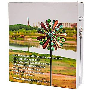 Solar Wind Spinner Aviator3 75in Multi-Color Seasonal LED Lighting Solar Powered Glass Ball with Kinetic Wind Spinner Dual Direction for Patio Lawn & Garden, Easy to Assemble and LED Color Changing