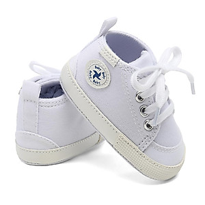 Baby Girls Boys Shoes Soft Anti-Slip Sole Newborn First Walkers Star High Top Canvas Denim Unisex Infant Sneaker (A01-White, 6-12 Months)