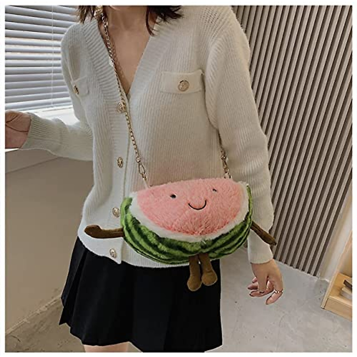 Watermelon Shaped Purse Coco Melon Food Plush Purse Fruit Messenger Bag Crossbody Shoulder Bag Pink, Green, White, Brown, Black