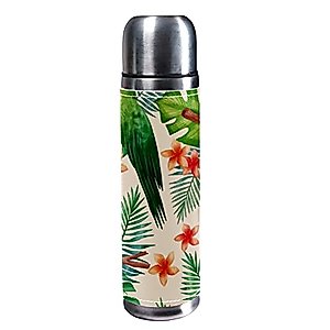sdfsdfsd 17 oz Vacuum Insulated Stainless Steel Water Bottle Sports Coffee Travel Mug Flask Genuine Leather Wrapped BPA Free, Tropical Leaves Birds