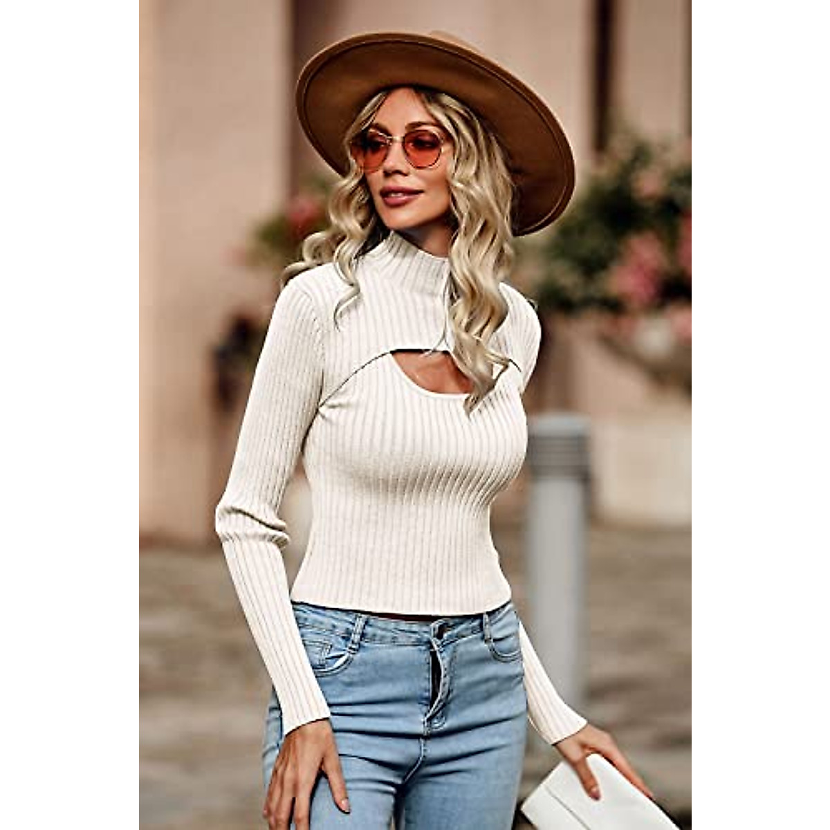 PRETTYGARDEN Women's 2023 Fashion Fall Clothes 2 Piece Cutout Tops Long Sleeve Mock Neck Rib Knit Winter Pullover Sweater (Beige White,Small)