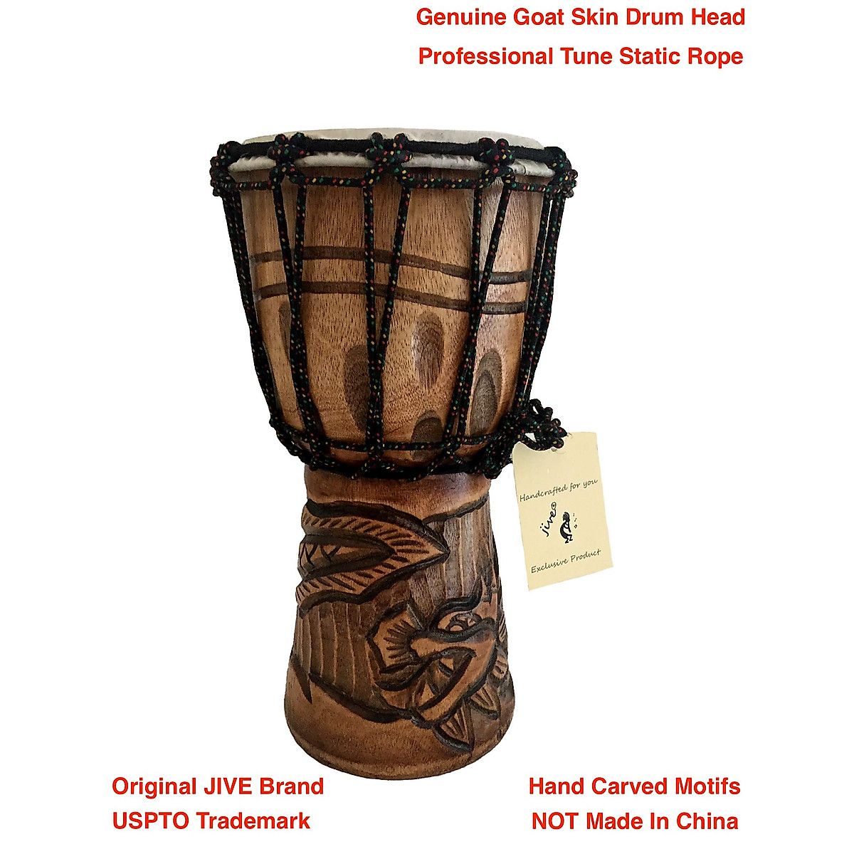 Djembe Drum Solid Wood Deep Carved Bongo Congo African Drum - 12" HIGH MED SIZE - Professional Quality - NOT MADE IN CHINA - JIVE BRAND (Dragon)