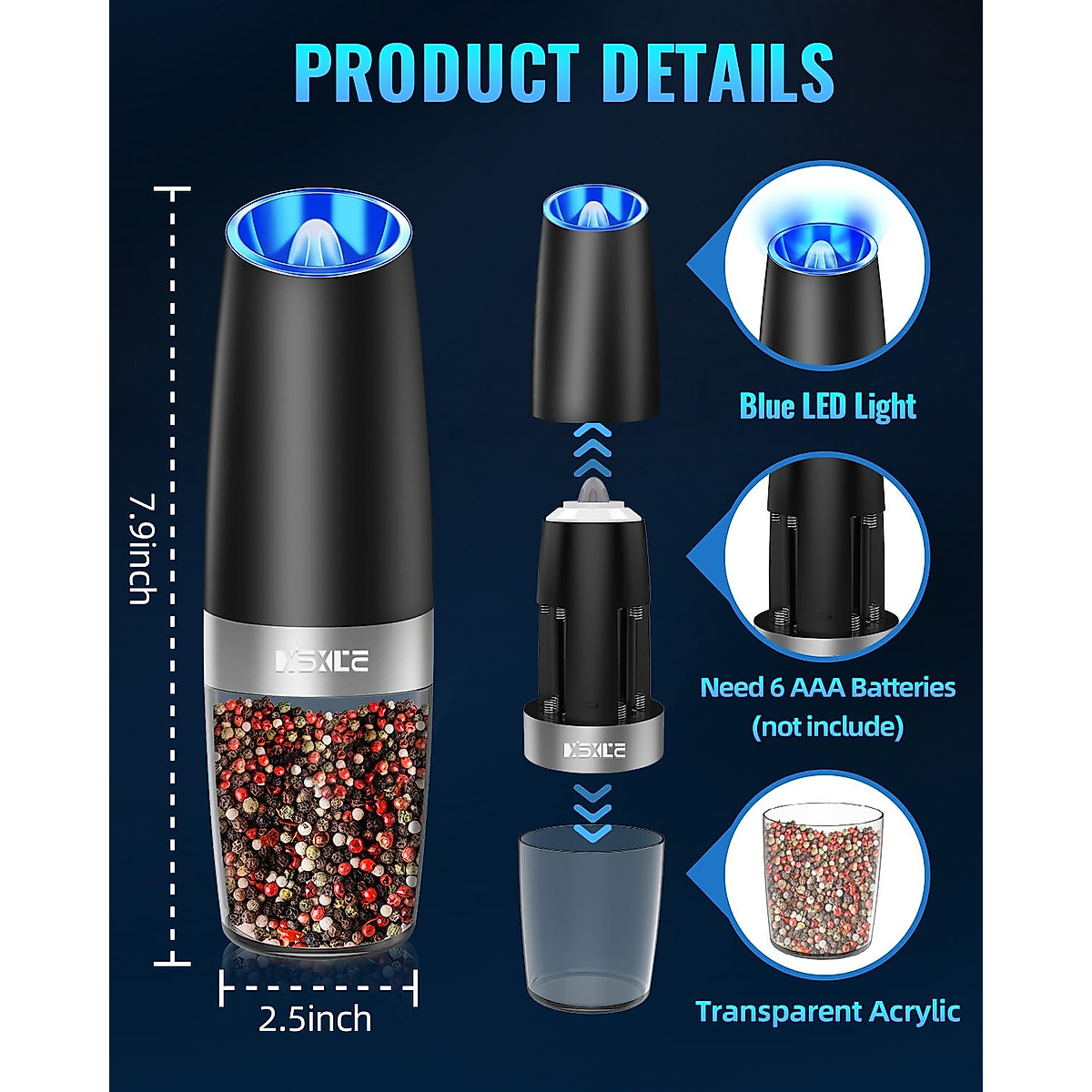 Gravity Electric Pepper and Salt Grinder Set, Adjustable Coarseness, Battery Powered with LED Light, One Hand Automatic Operation, Stainless Steel Black, 2 Pack