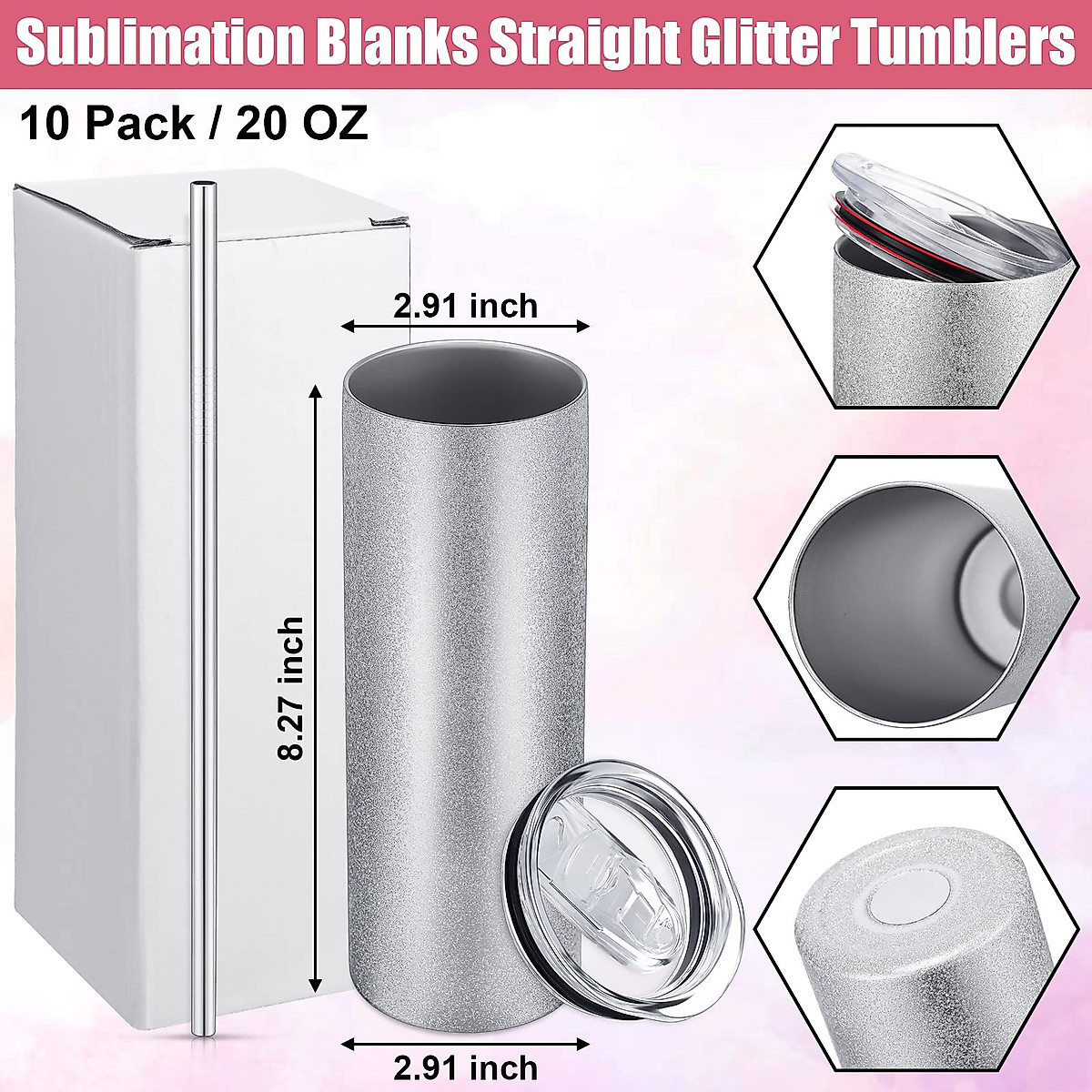 Zopeal 10 Pack Silver Sublimation Tumblers 20 oz Blank Skinny Tumbler Bulk Glitter Straight Double Wall Stainless Steel Insulated Tumblers with Lid and Straw for Heat Transfer Water Bottle Gift