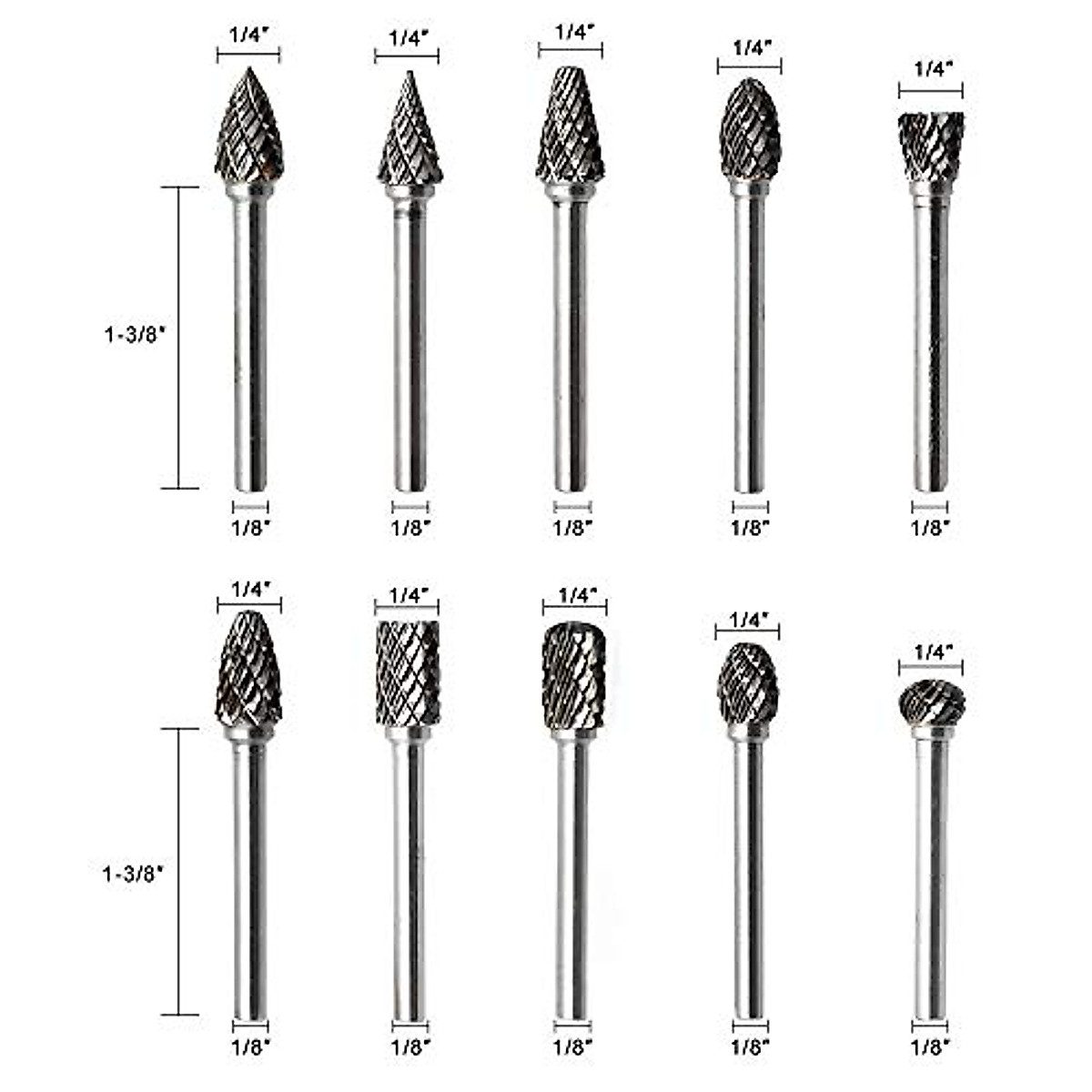 Carbide Burr Set JESTUOUS 1/8 Inch Shank with 1/4 Inch Head Double Cut Rotary Burrs Die Grinder Drill Bits for Woodworking Engraving Drilling Carving,10pcs