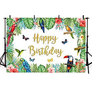 MEHOFOND 7x5ft Tropical Bird Birthday Backdrop Summer Toucan Palm Leaves Gold Glitter Happy Birthday Banner Photography Background Parrot Hummingbird Luau Decoration Photobooth Props