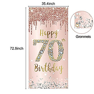 70th Birthday Door Banner Decorations for Women, Pink Rose Gold Happy 70th Birthday Door Cover Backdrop Party Supplies, Large Seventy Year Old Birthday Poster Sign Decor