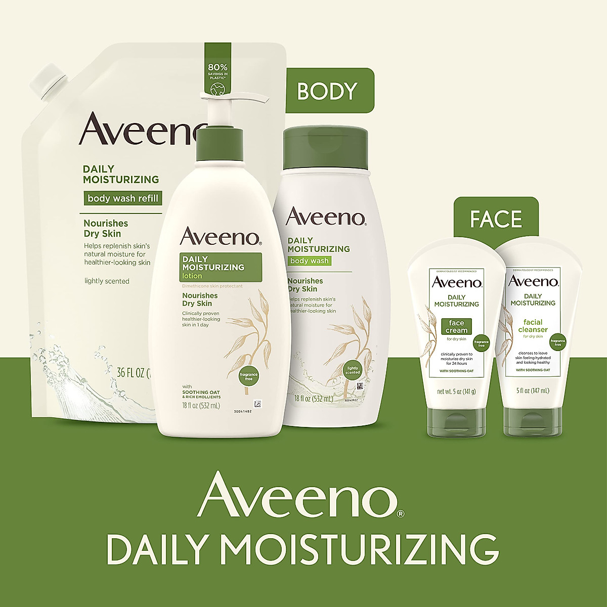 Aveeno Daily Moisturizing Body Lotion with Soothing Prebiotic Oat, Gentle Lotion Nourishes Dry Skin With Moisture, Paraben-, Dye- & Fragrance-Free, Non-Greasy & Non-Comedogenic, 18 fl. oz