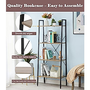 LuxenHome 4 Tier Ladder Bookshelf, 58'' Modern Leaning Bookshelf, Solid Real Wood Bookcase, Rustic Shelves with Industrial Metal Frame, Tall Wide Bookshelf Storage for Classroom, Light-Oak