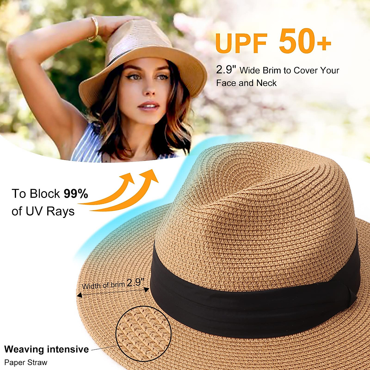 DRESHOW Women Panama Hat Fedora Beach Sun Wide Brim Straw Roll up Hat UPF 50+