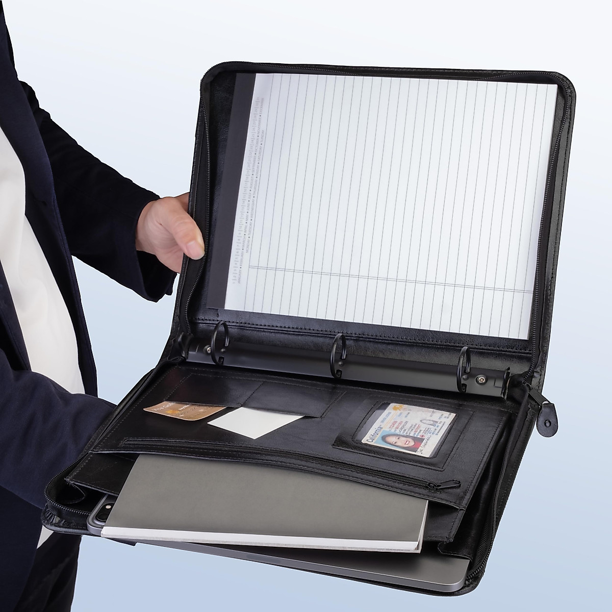 Travigo 3-Ring Zipper Business Leather Portfolio Folder| 1.25" 3-Ring Binder Professional Business Folder Resume Document Organizer|Exterior Pocket | Guesseted File Pocket| 8-1-2" Writing Pad (Black)