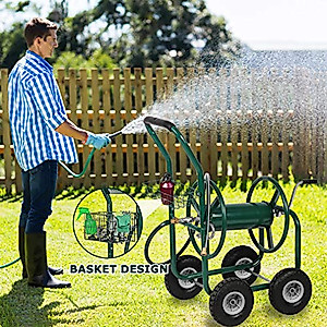 Garden Water Hose Reel Cart Tools with Wheels Garden Lawn Water Truck Water Planting Cart Heavy Duty Outdoor Yard Water Planting Holds 300-Feet of 5/8-Inch Hose with Storage Basket (Green)
