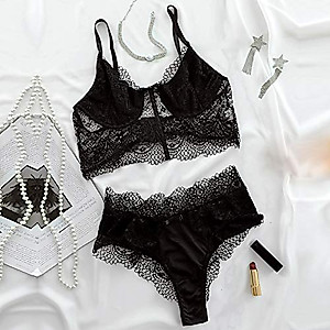 wodceeke Women's Sexy Sling Lace Plus Size Split Lingerie Embroidered Perspective Bodysuit Home Pajamas Set (Black, XXXL)