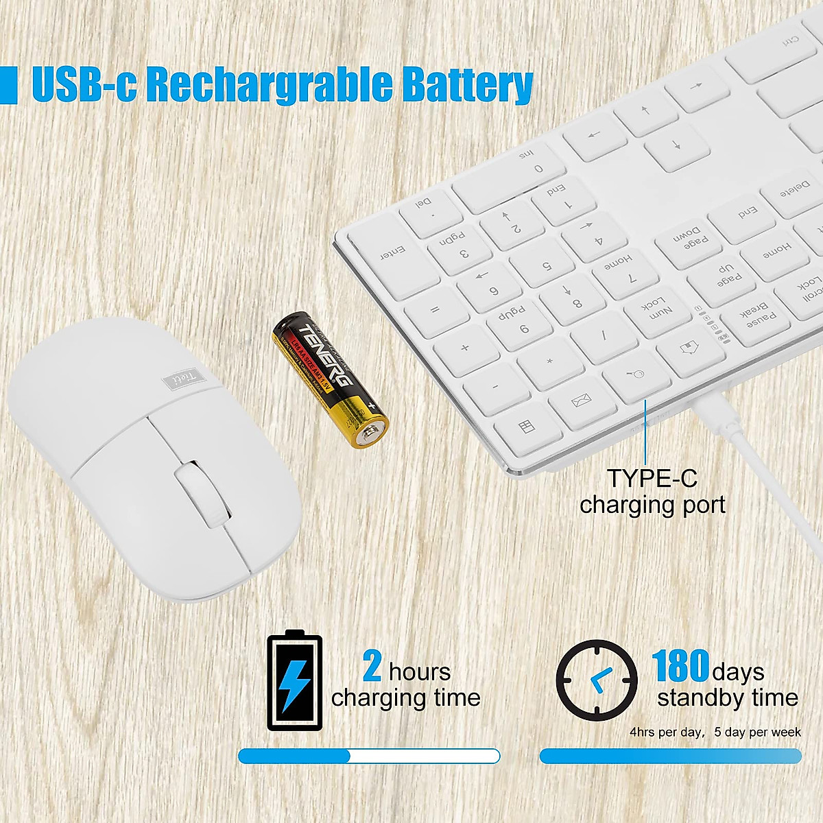 Wireless Keyboard and Mouse Combo, KM01R 2.4G Wireless Rechargeable Keyboard, 4 DPI Adjustable Cordless USB Keyboard and Mouse Set for Computer,Laptop,Windows,Mac (White)
