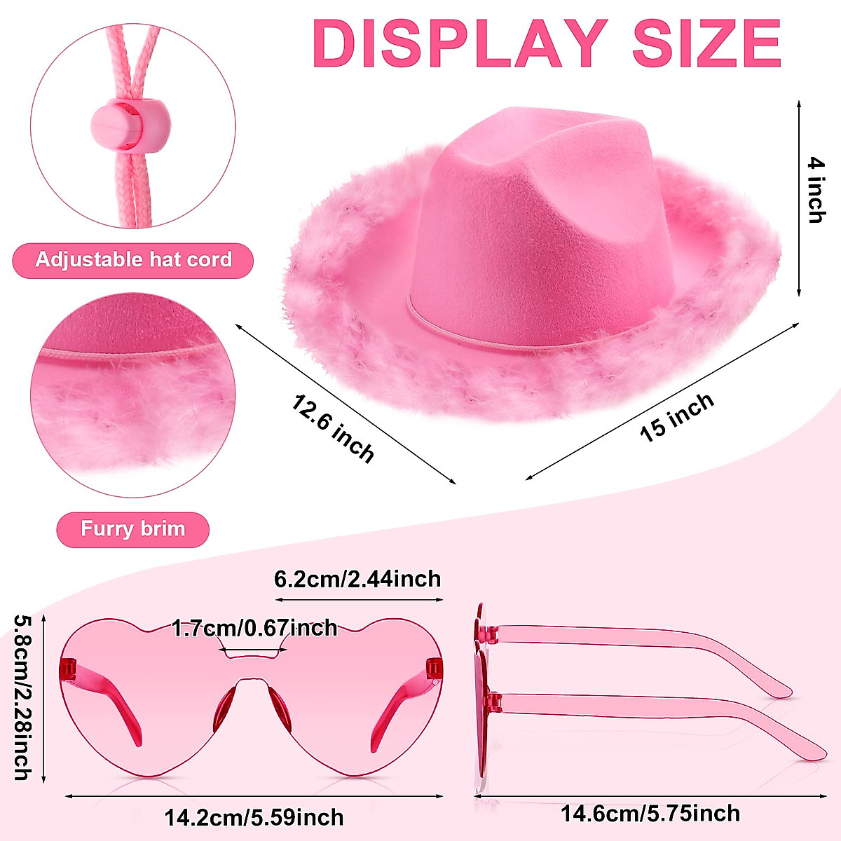 Zhanmai 6 Pieces Cowgirl Hat with Feather Boa and 6 Pieces Heart Sunglasses Set for Girls Bachelorette Party, Costume Party