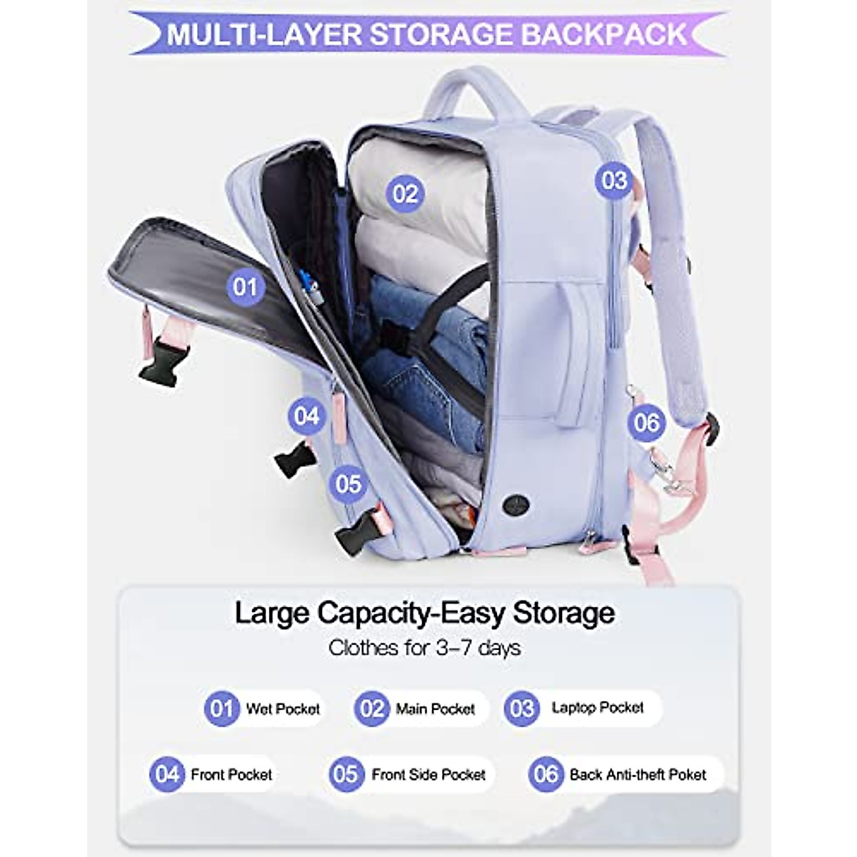 Getravel Travel Backpack for Women, Airline Approved Carry On Luggage As Personal Items, 17.3 inch Laptop Backpack, Waterproof Weekender Bag, Hiking Backpack(Purple)