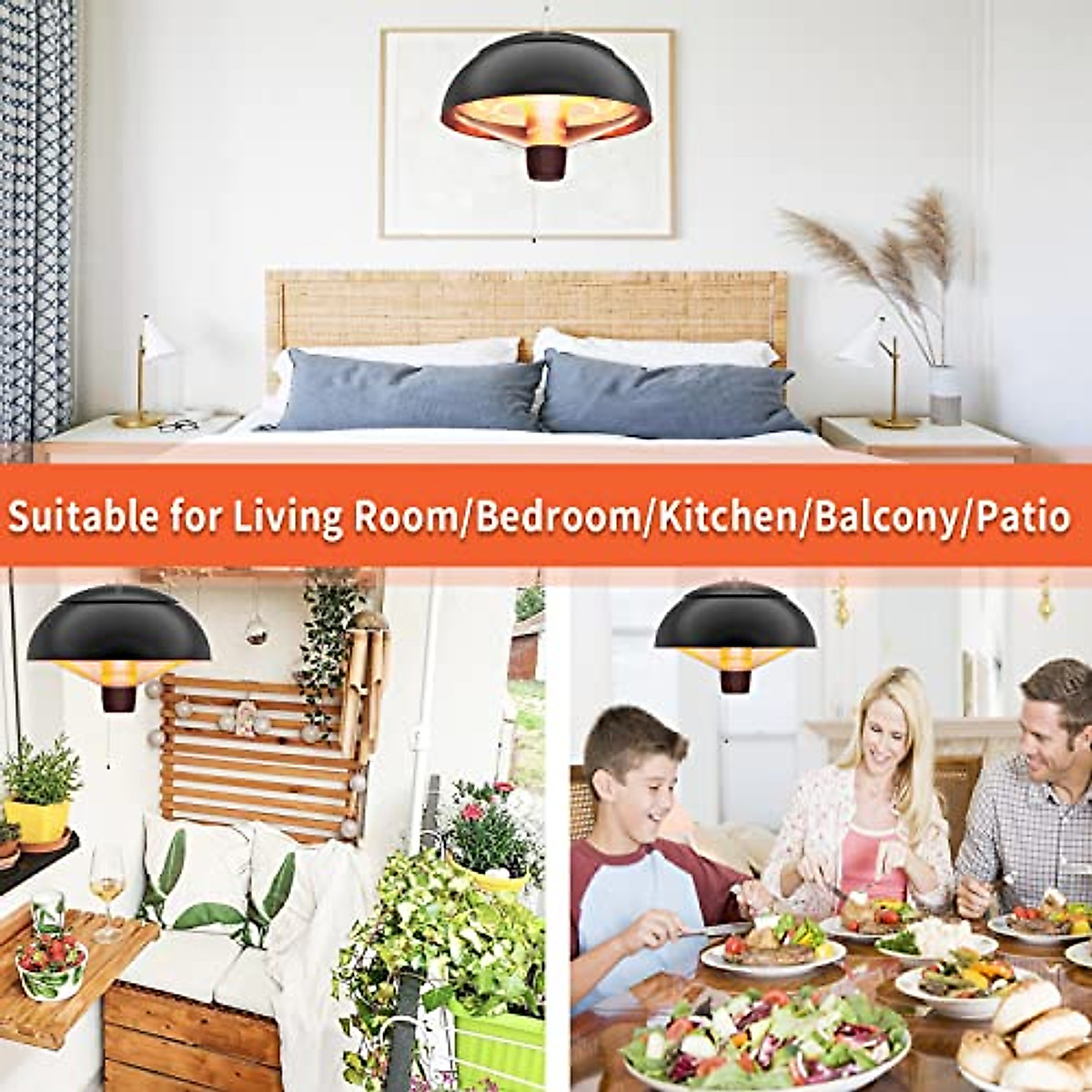 Patio Hanging Heater, Ceiling Mounted Heater, 1500W Outdoor/Indoor Waterproof Electric infrared Hanging Heater with 2 Modes Power (600W/1500W)