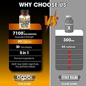 7100mg Shilajit Supplement - 90 Capsules - Support for Energy Production, Concentration, Brain Health & Extra Strength - Combined with Panax Ginseng Root, Beet Root & More - Gluten-free, Non-GMO