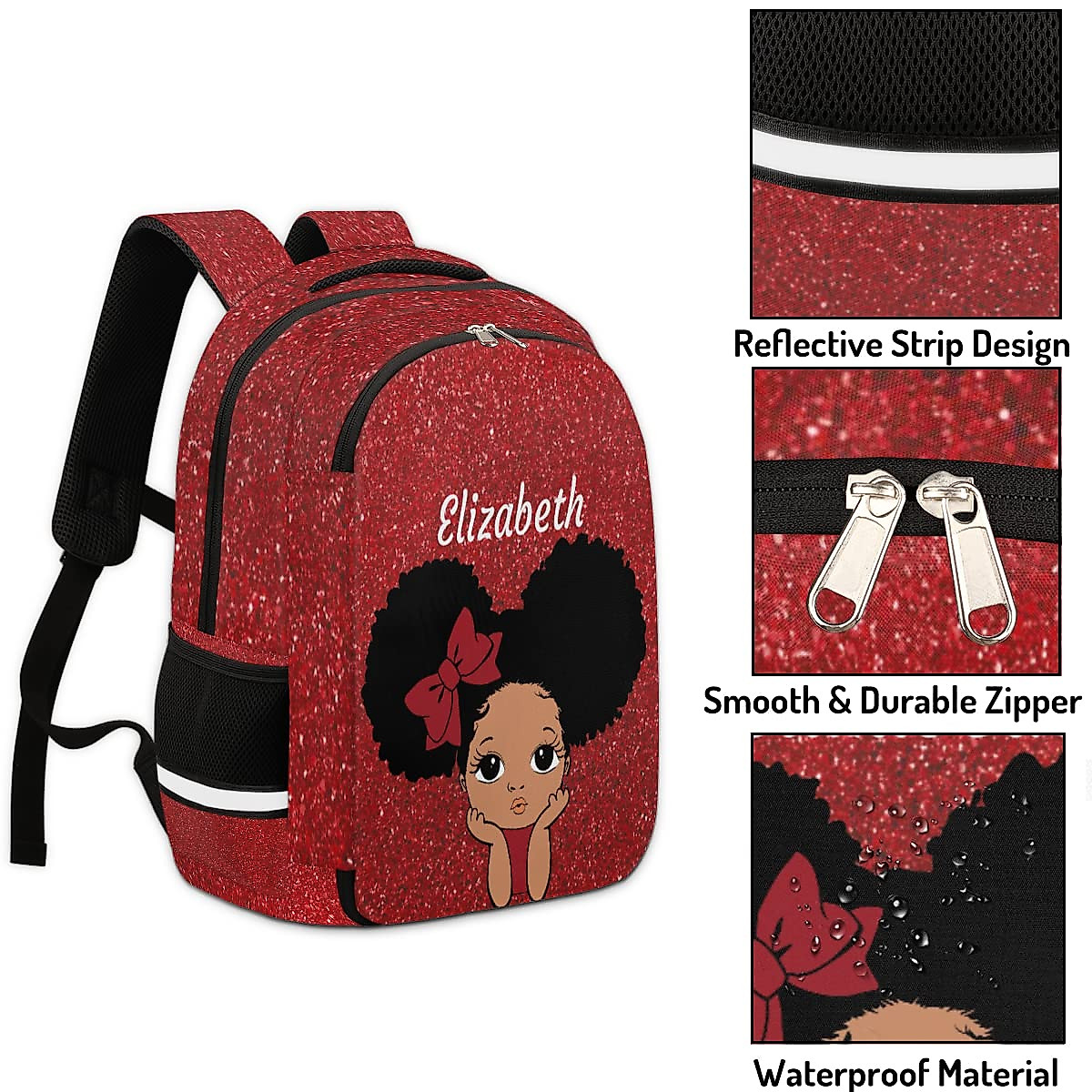 RIRIX Personalized Kids Backpack Custom Backpack Schoolbag Children Bookbag for Boys & Girls Red Glitter Princess