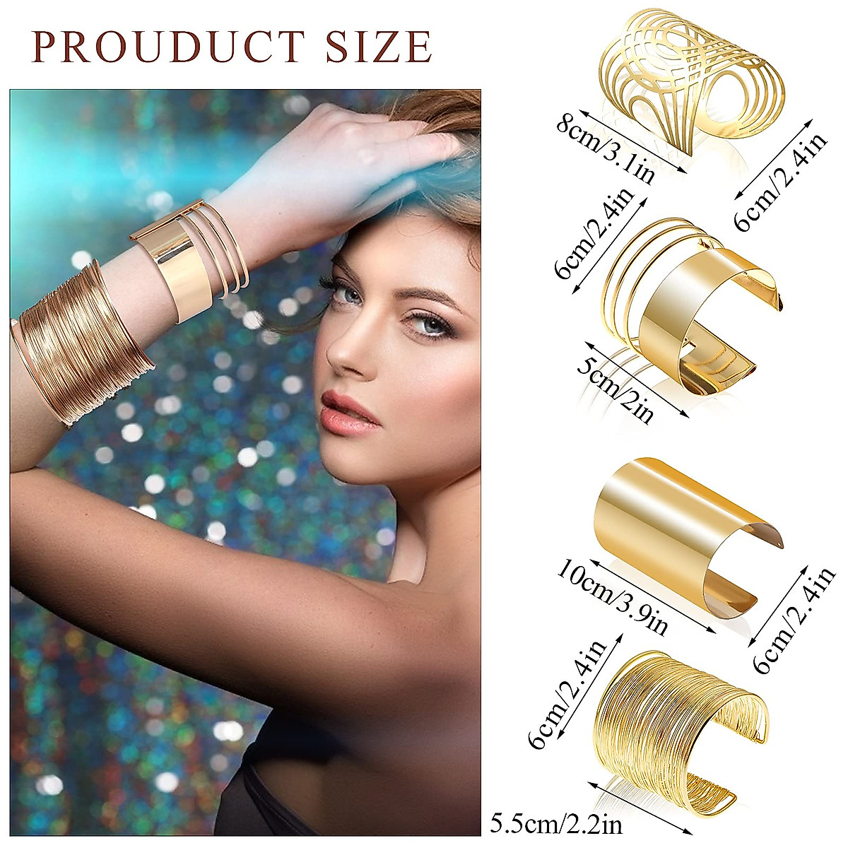 37YIMU 4 Pcs Gold Cuff Bangle Bracelet for Women Open Wide Wire Bracelets Gold Wrist Cuff Wrap Bracelets