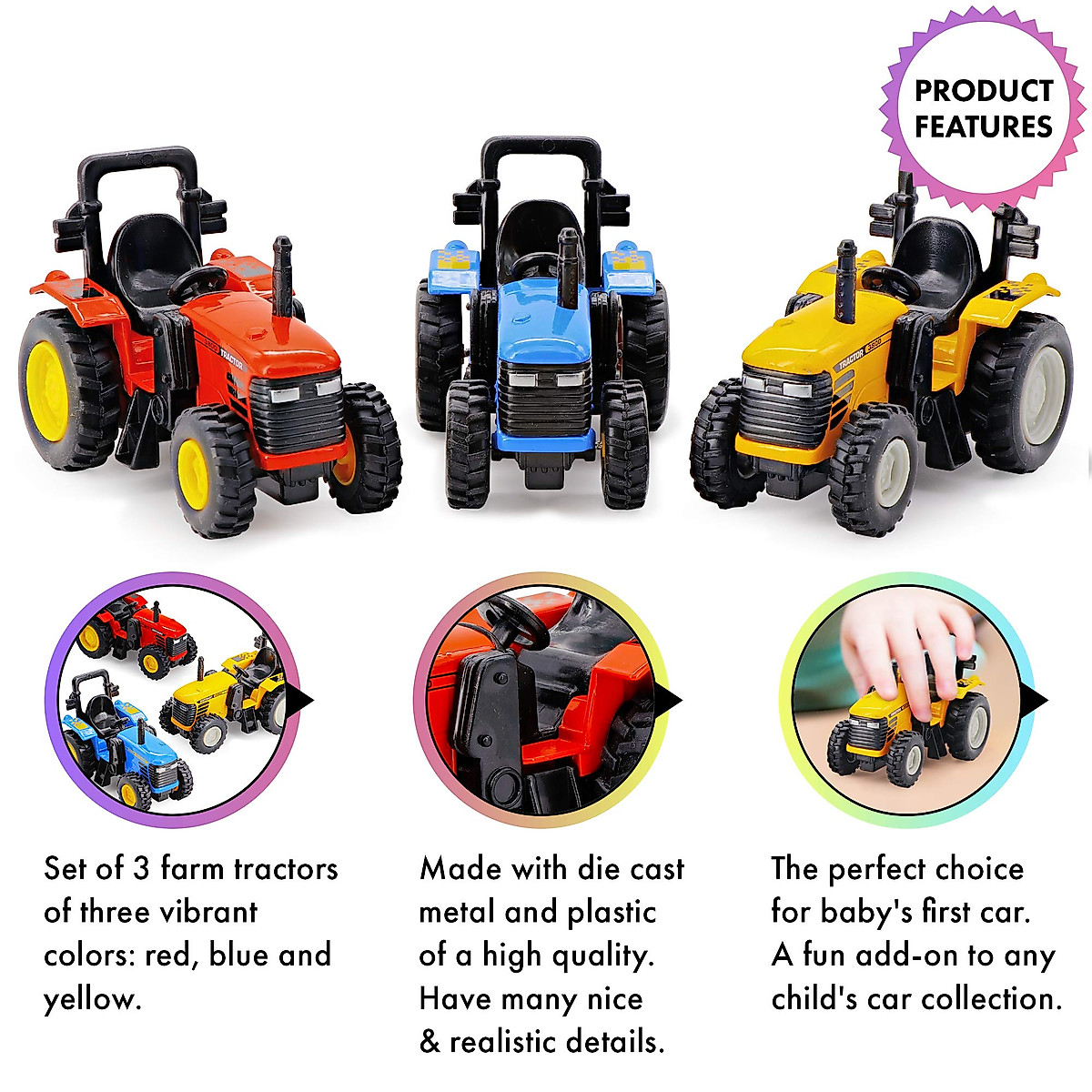 Srenta 4 inch Die Cast Pull-Back Monster Tractor, Pullback Farm Tractor, 3, Pack of 3