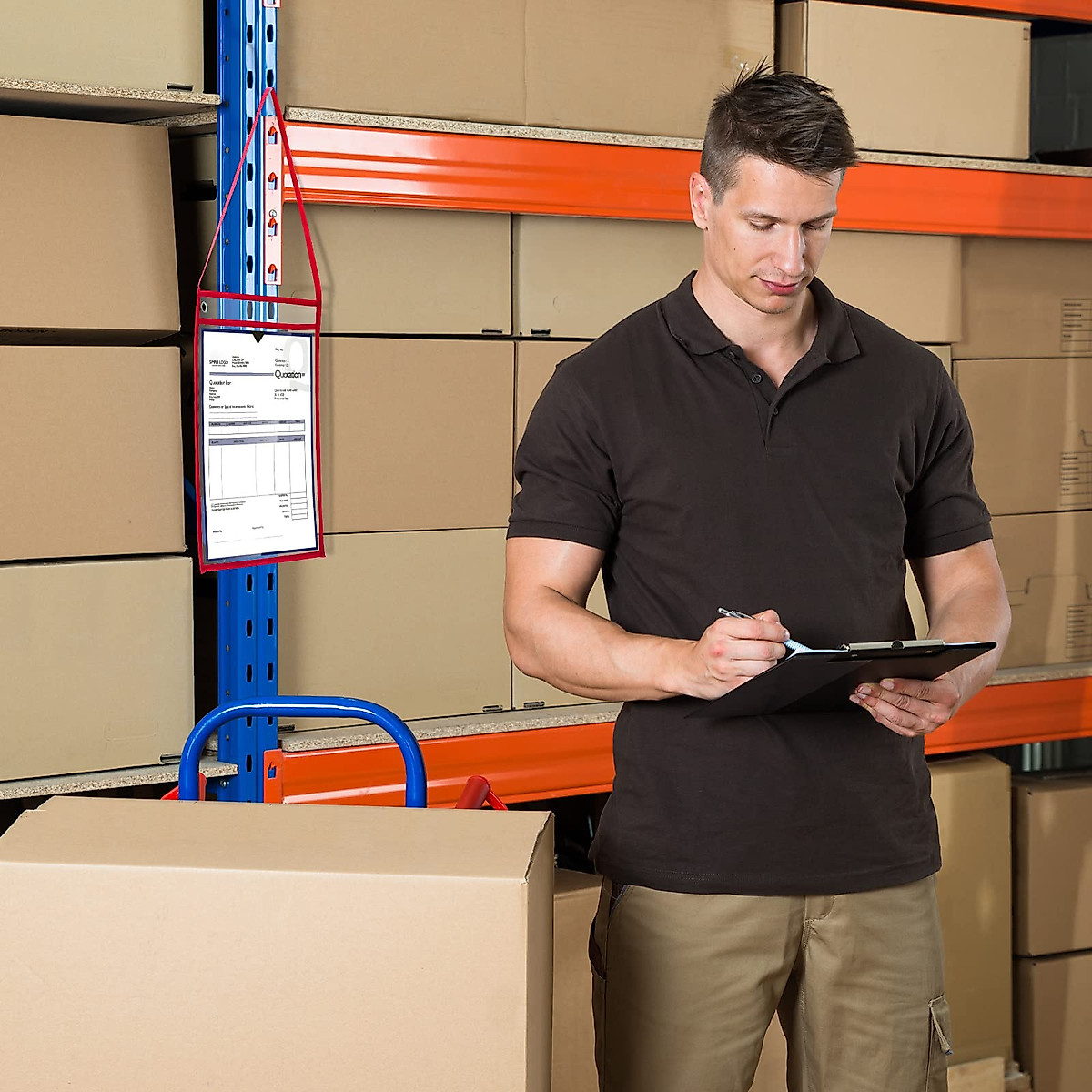 50 Pack Job Ticket Holders Work Order Holder Pockets for 9 x 12 Inch Hanging Sleeve Plastic Shop Ticket Holders with Strap, Both Sides Clear(Red)