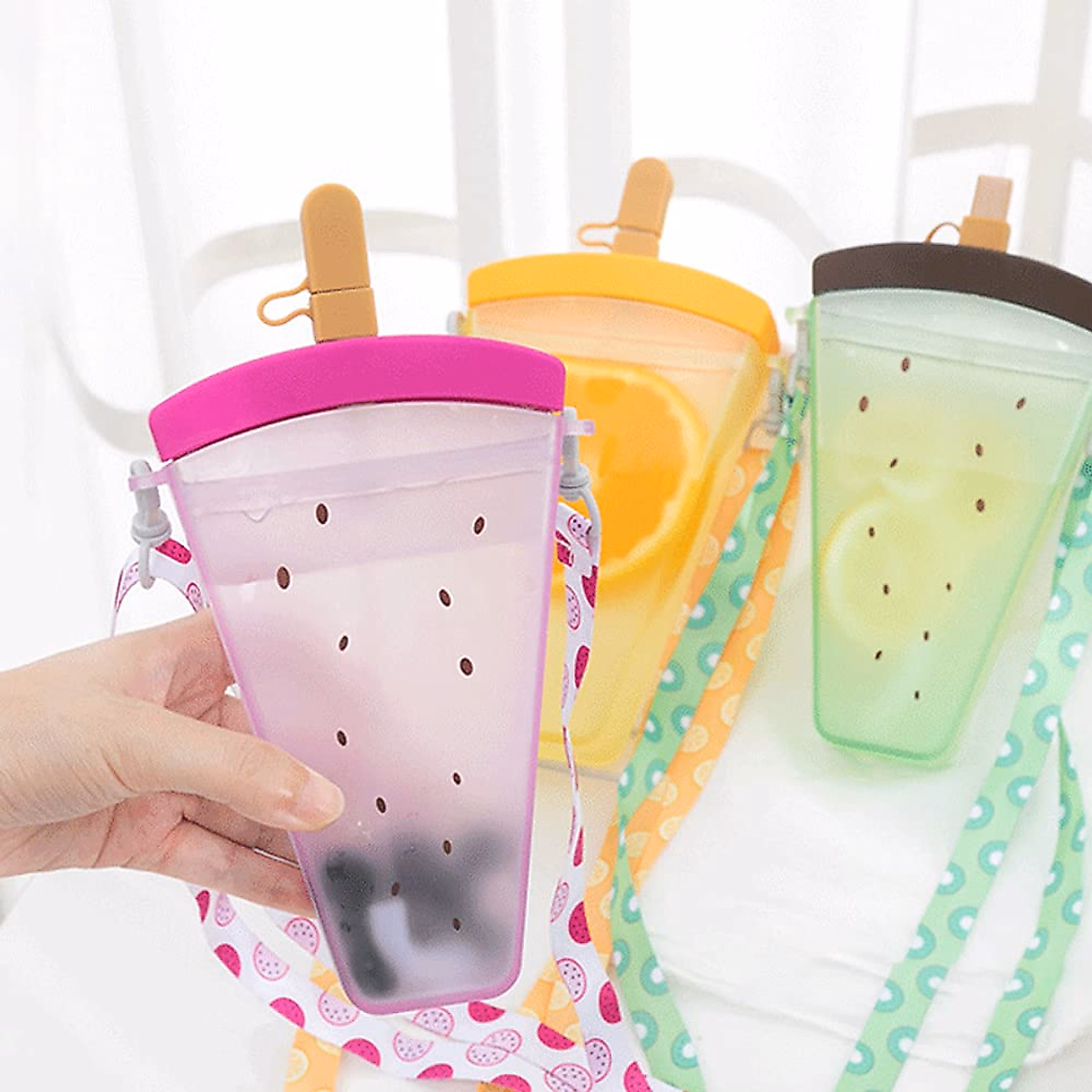 Creative Dragon Fruit Straw Water Bottle Plastic Water Bottle Cute Ice Cream Shape Water Cup Anti-Fall Water Jug Kawaii Juice Cup with Adjustable Shoulder Strap Universal for Adult Children, 320ml