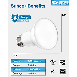 Sunco 10 Pack BR20 LED Bulbs Indoor Flood Light R20 Dimmable CRI93 2700K Soft White 50W Equivalent to 7W, E26 Medium Base, Recessed Can Lights for Home Living Area Ceiling Lights - UL