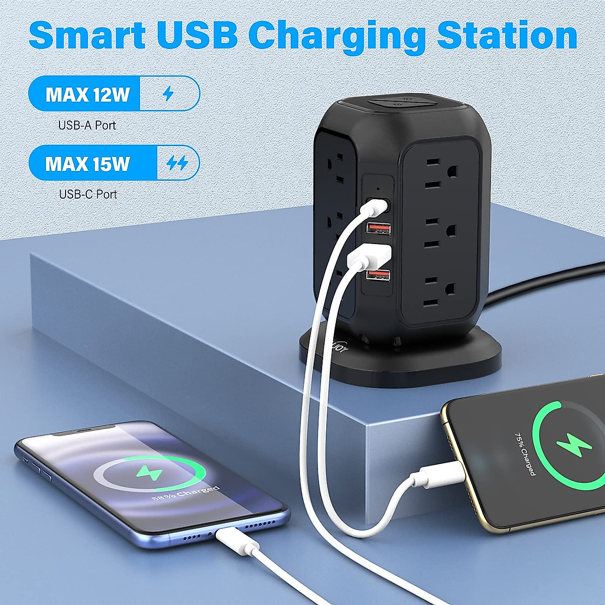 AiJoy Power Strip with USB C Ports & Power Strip Tower with USB Ports, Charging Station Extension Cord with Multiple Outlets for Home, Office, Dorm Room Essentials