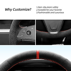 Alfanxi Hand Stitch Alcantara Steering Wheel Cover Compatible with Tesla Model S Base Plaid (Red Stripe)